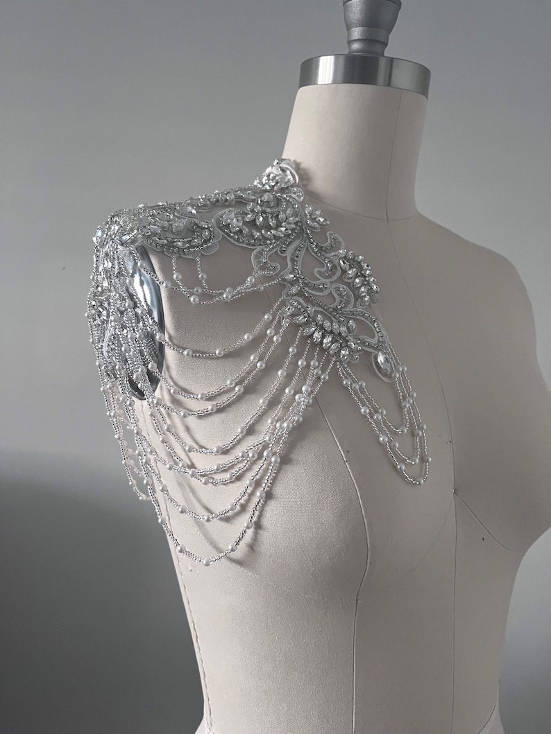 Silver Rhinestone Shoulder Waterfall Chain Appliqué/ Rhinestone & Pearl ...