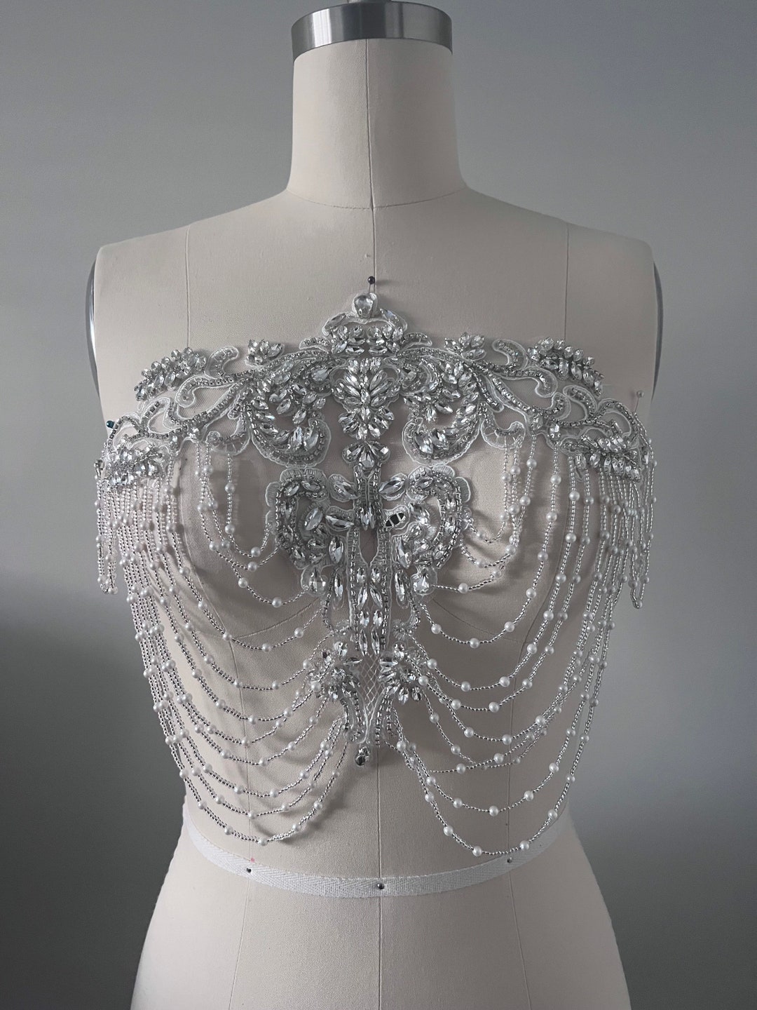 Silver Rhinestone Shoulder Waterfall Chain Appliqué/ Rhinestone & Pearl ...