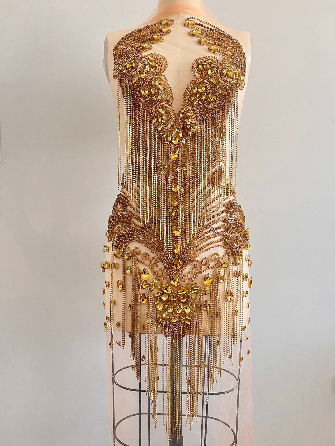 Gold Rhinestones Bodice Appliqué With Rhinestone Fringes/ Rhinestone ...