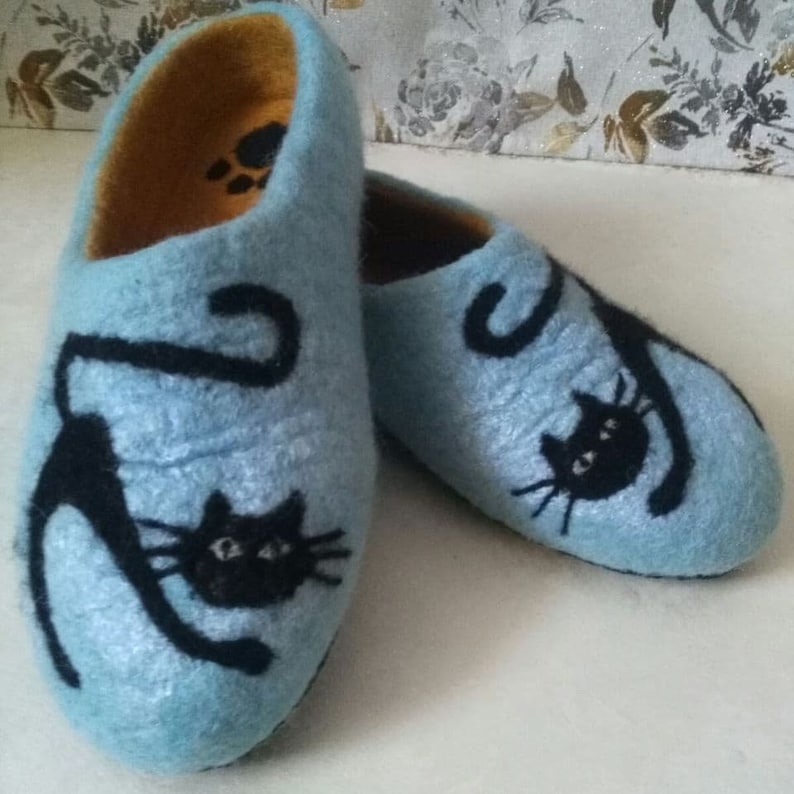 Blue Felted Slippers With Cat Silhouette, Merino Wool Handmade Warm ...