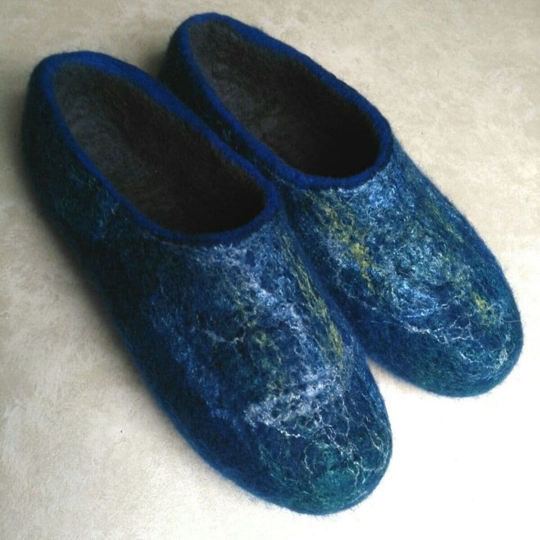 Dark Blue Slippers With Viscose Decor, Indoor Felted Natural Wool ...
