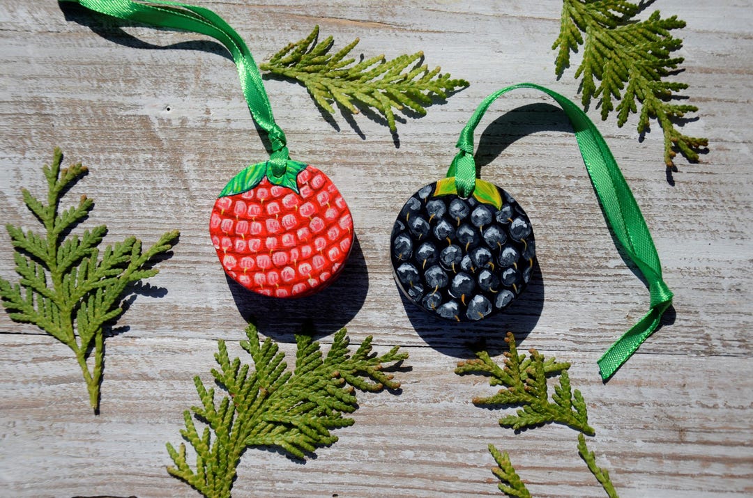 Berry Ornaments, Handpainted Wooden Blackberry and Raspberry Ornament ...