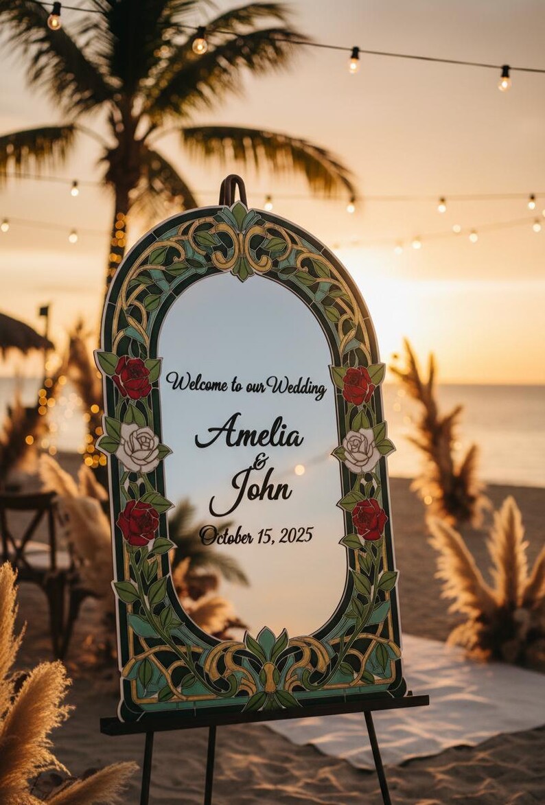 Stained Glass Style Wedding Welcome Sign, Custom Floral Arch, Acrylic ...
