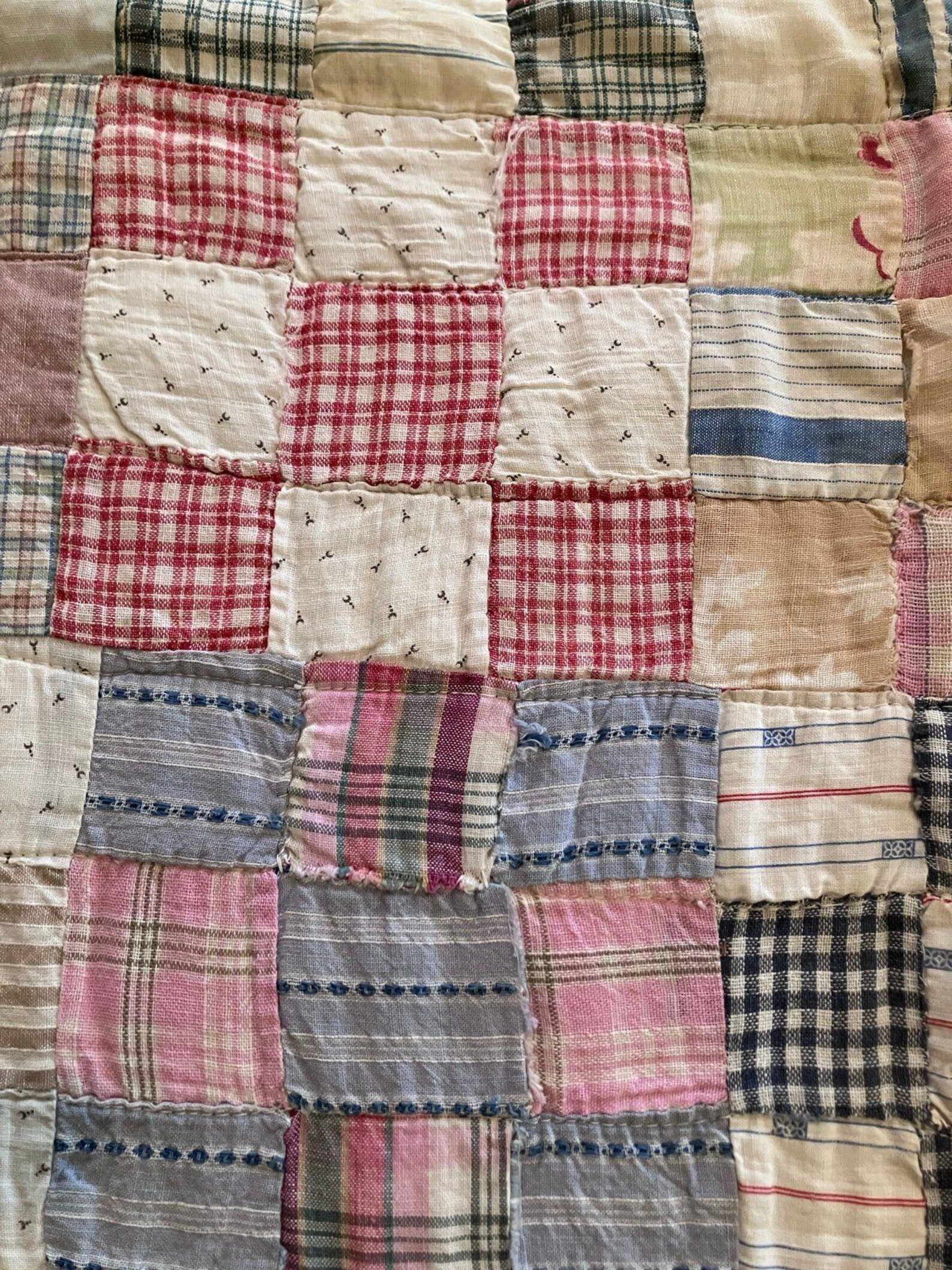Vintage Quilt 9 X 9 Square Patchwork Calico Gingham Hand Pieced 46 X 70 ...
