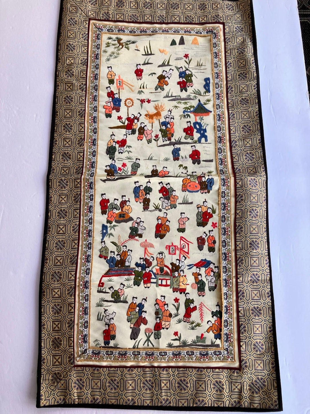Vintage Asian Tapestry Panel Wall Hanging Embroidered Silk Satin ...