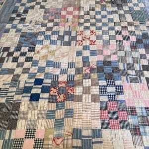Vintage Quilt 9 X 9 Square Patchwork Calico Gingham Hand Pieced 46 X 70 ...