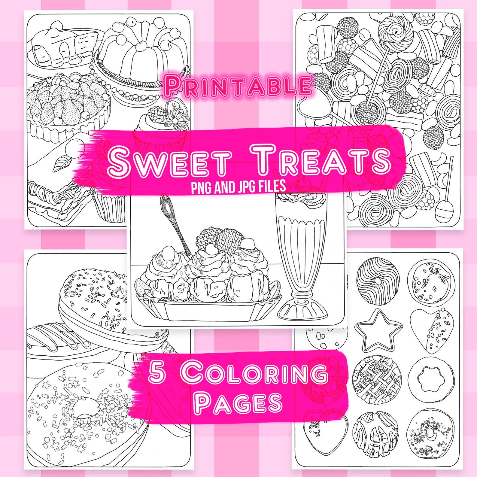 Sweet Treats Printable Coloring Pages - 5 Pages of Cookies, Candy, and ...
