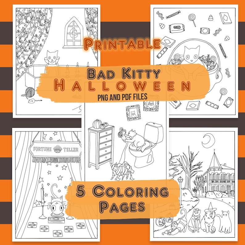 Bad Kitty Halloween Coloring Pages - 5 Pages - PDF and PNG Files - Etsy