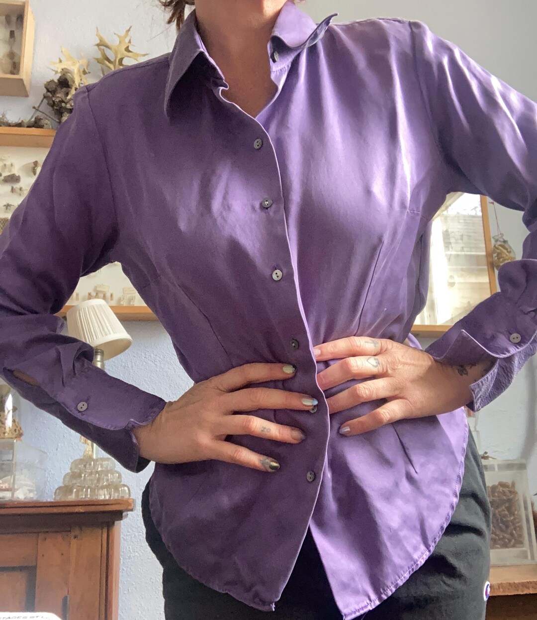 100% Silk Vintage Iridescent Purple Blouse- 90s Size Small Medium ...