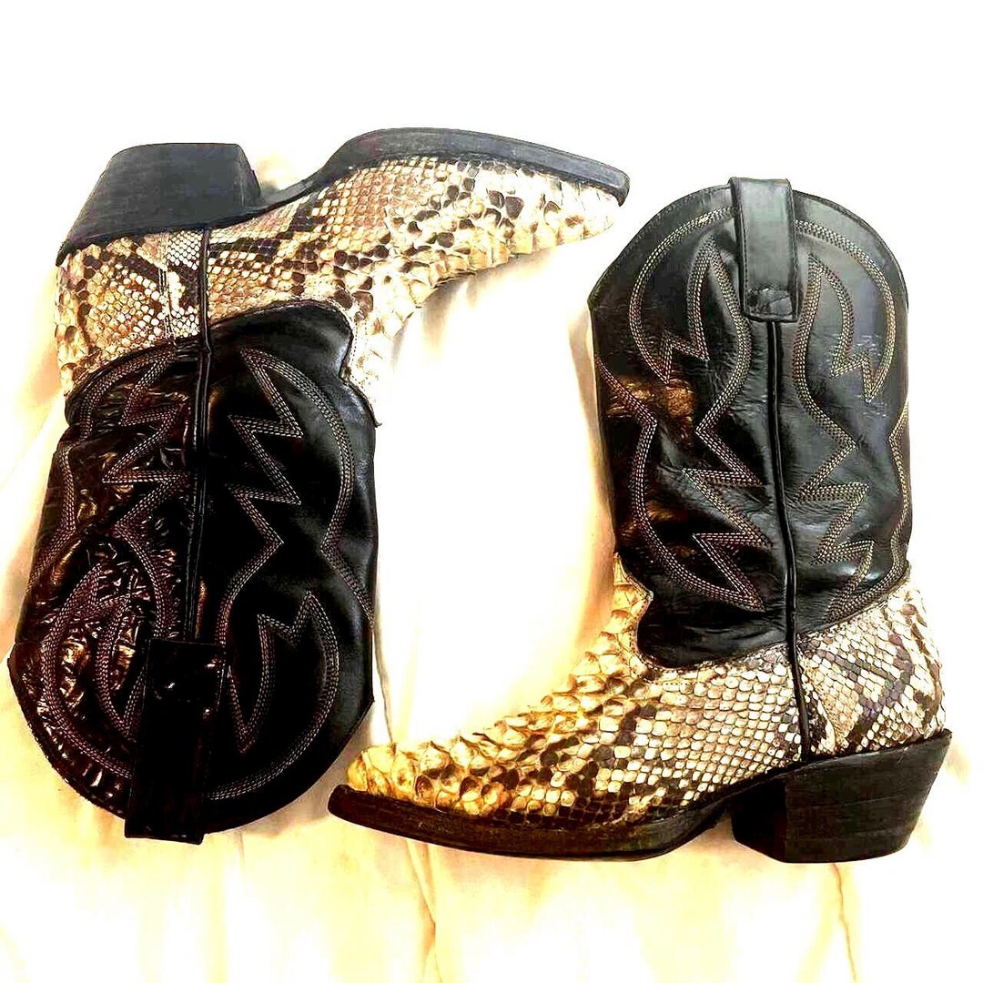 Vintage Genuine Snakeskin Boots. Women's Size 6.5 7 Black Tan Cowboy ...