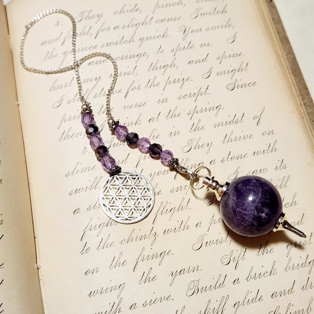 AMETHYST CRYSTAL Sphere Pendulum-flower of Life- Silver Chain-weighted ...