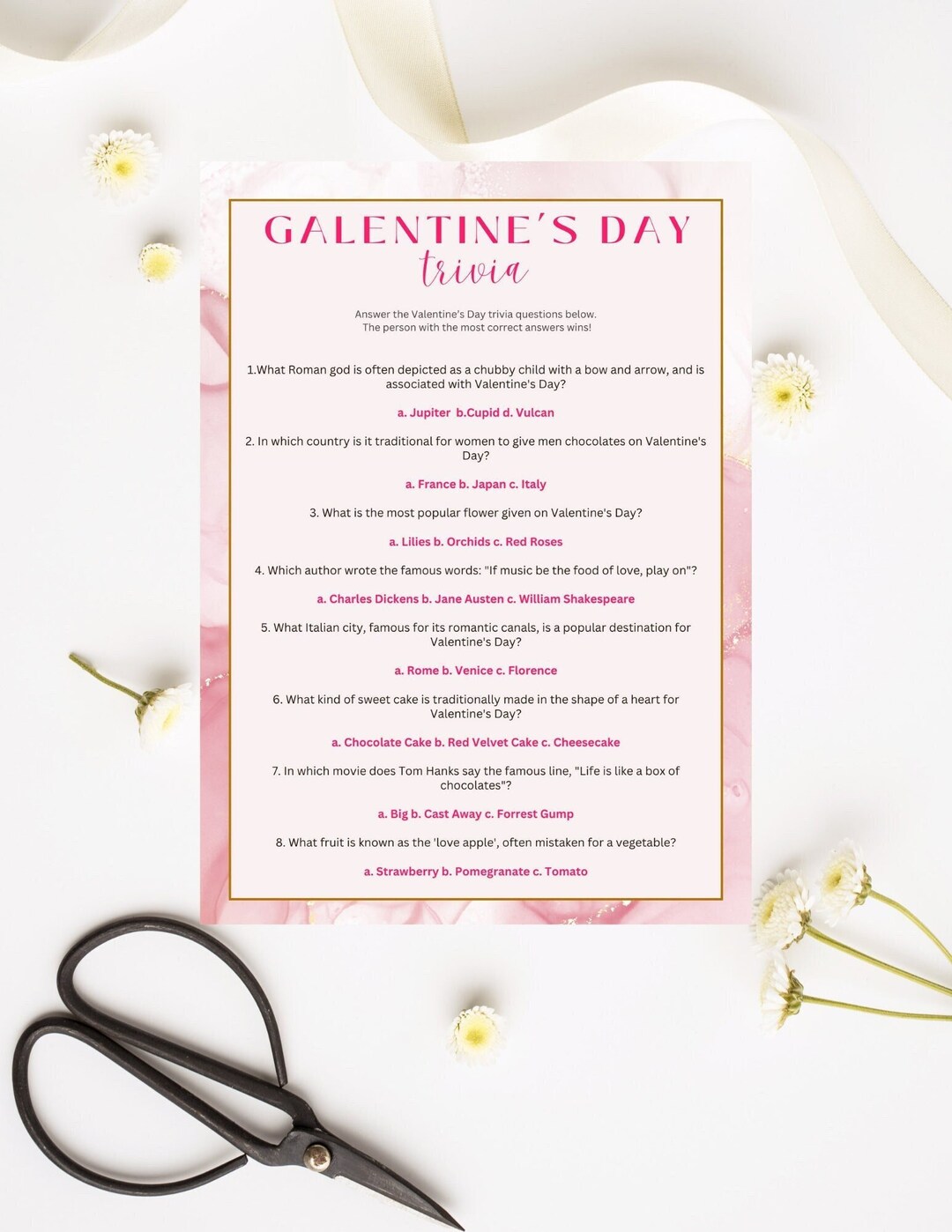 Printable Galentines Trivia Game Elegant Pink Gold Marble Instant ...