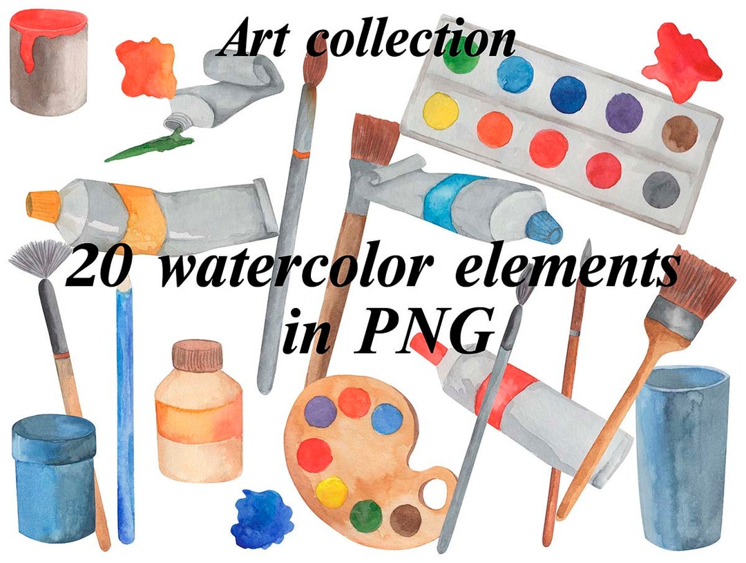 Painting Supplies Watercolor Clipart, Paint Brush, Paints Clipart ...