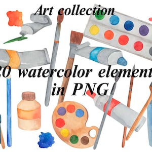 Painting Supplies Watercolor Clipart, Paint Brush, Paints Clipart ...