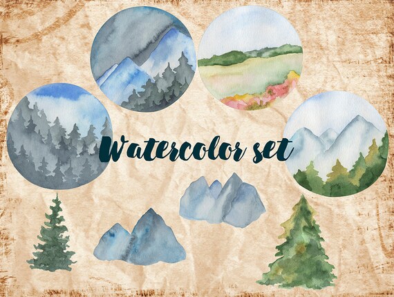 Mountains Forest Landscape Watercolor Print Set Elements - Etsy