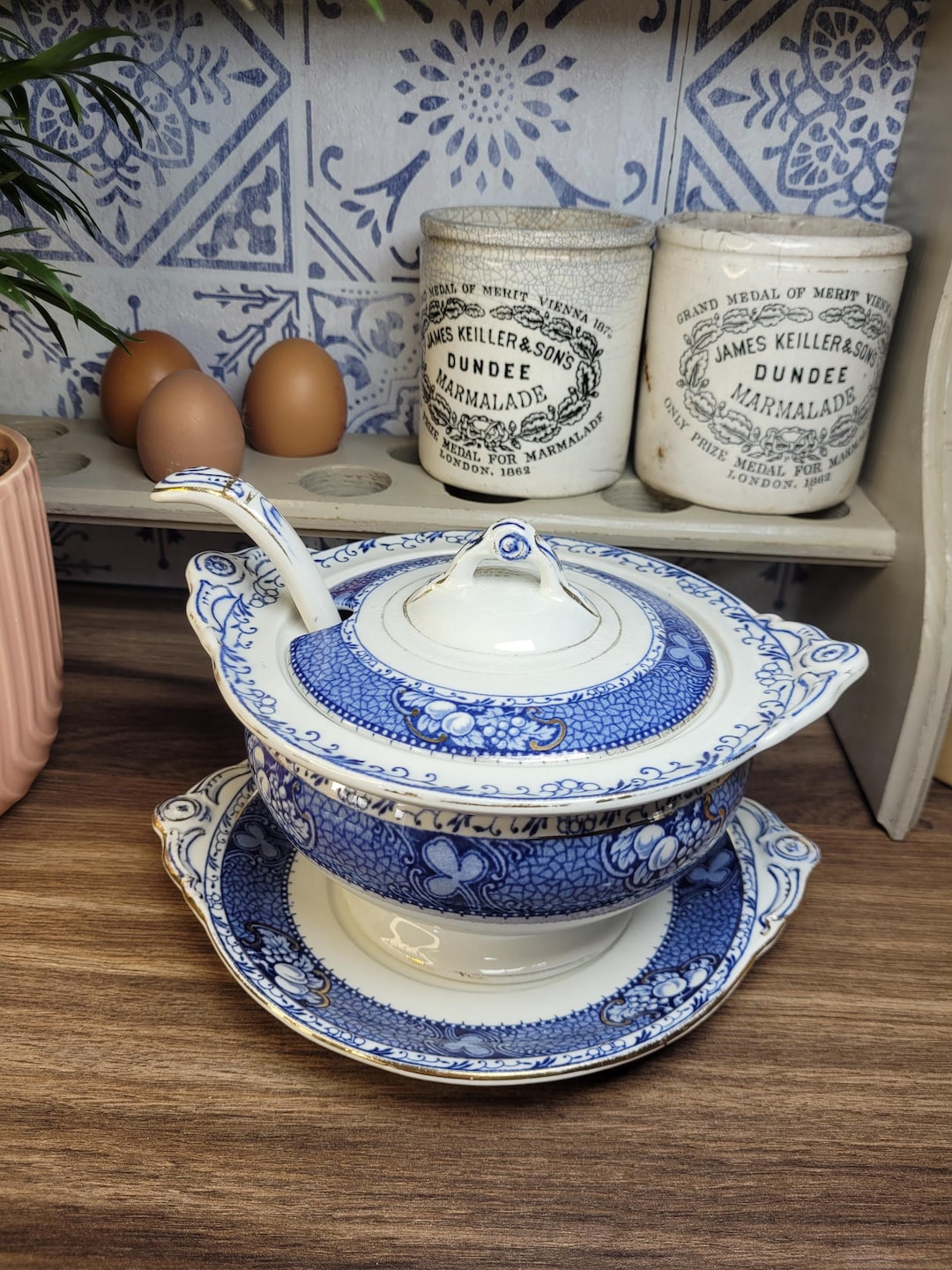 Antique Burleigh Ware Floral Pattern Flow Blue, White and Gold Lidded ...