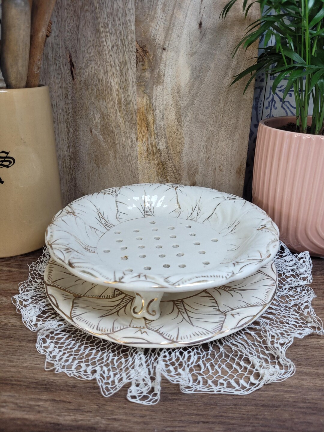 Vintage Strainer Dish and Plate, Vintage Ceramic Colander Bowl, Vintage ...