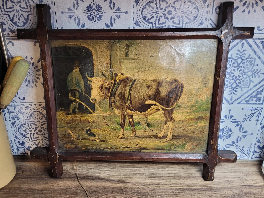 Victorian Embossed Print of Cow Bull in Courtyard, Antique Art, Rustic ...