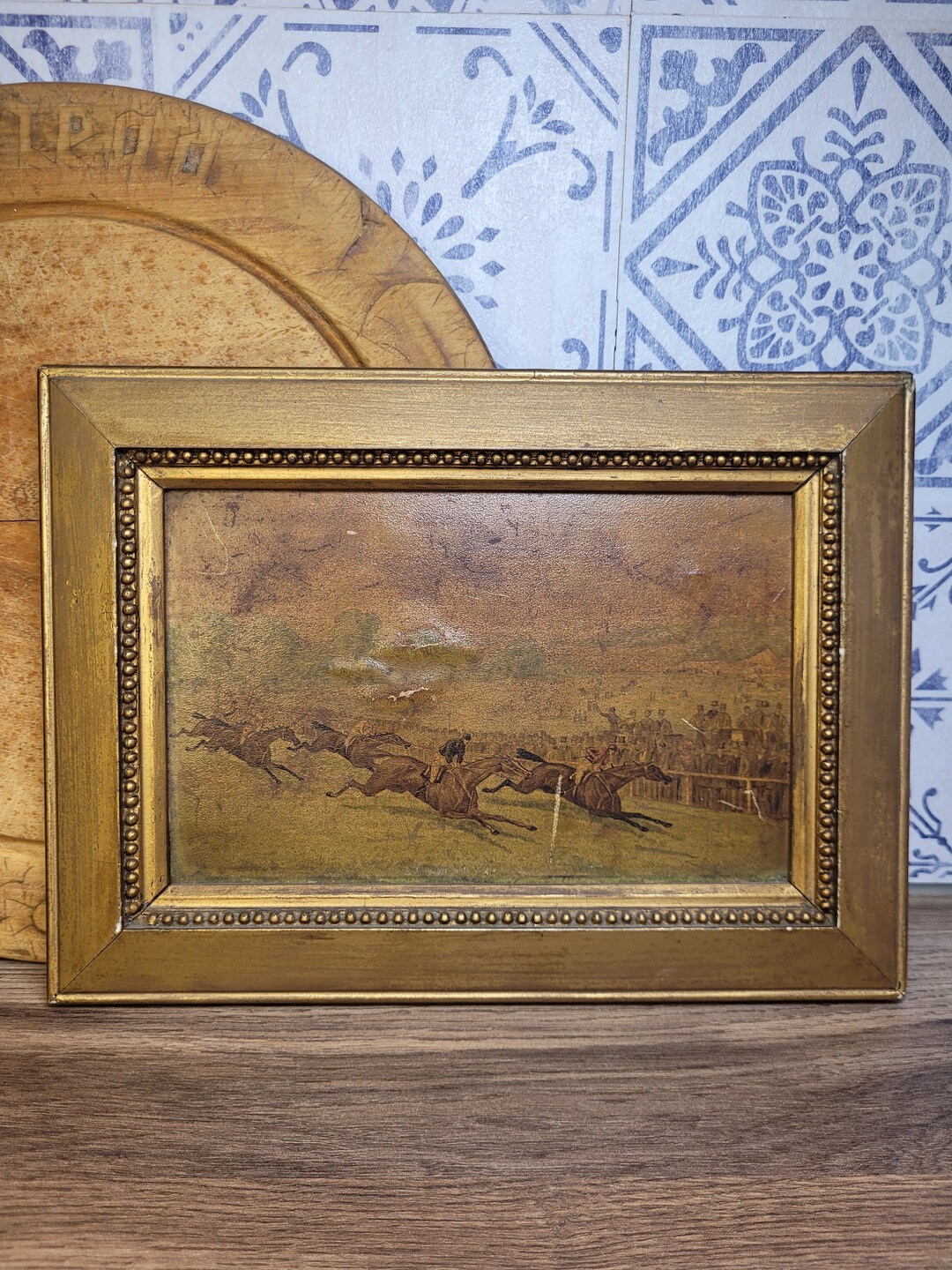 Antique Embossed Oleograph Painting of Racing Horses in Frame, Racing ...