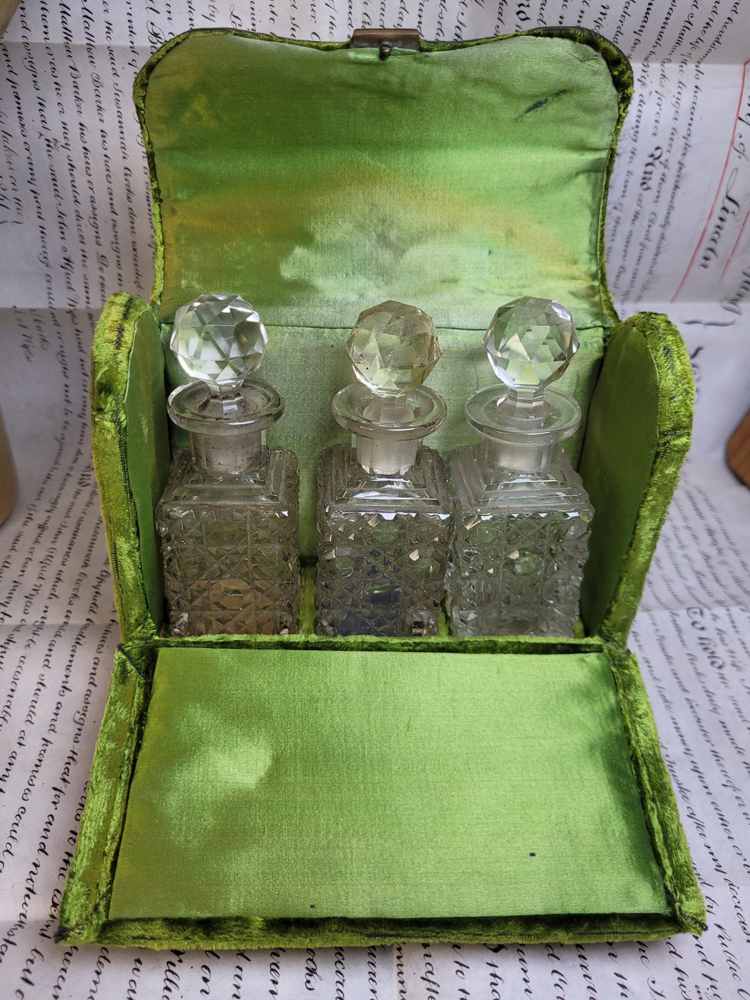Antique Perfume Caddy Box With Three Matching Cut Glass Perfume Bottles ...