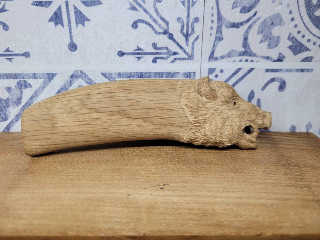 Beautiful Carved Wooden Handle, Boar Head Design, Carved Knife Handle ...