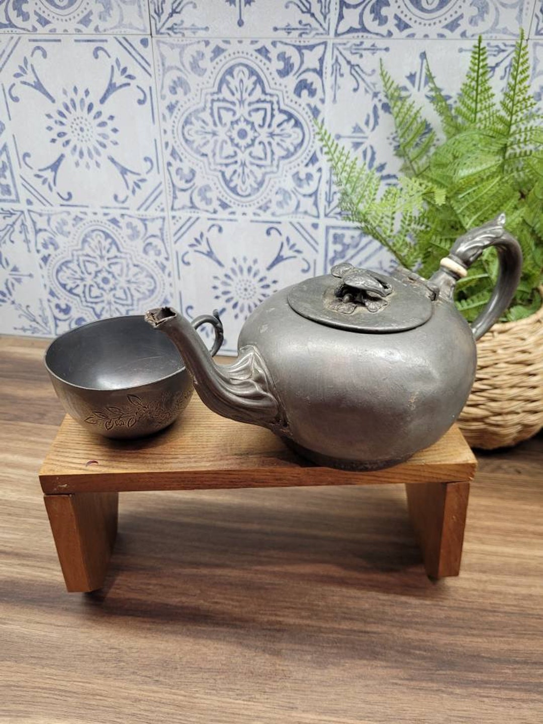 Antique Pewter Teapot and Cup - Etsy