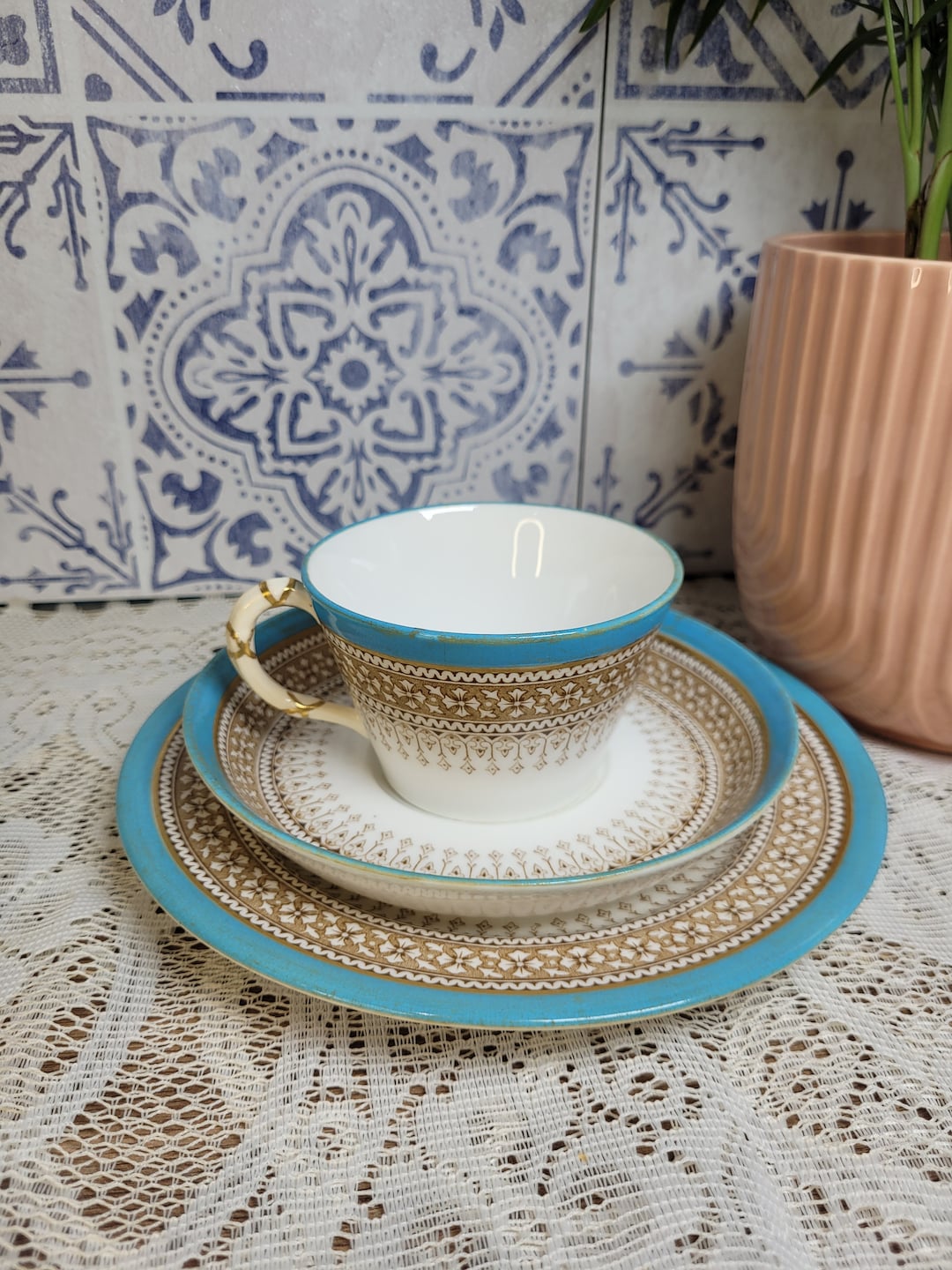 Royal Worcester Pattern B853 Turquoise Beige Floral Gold Demitasse Trio ...