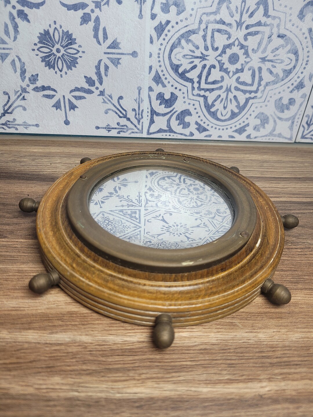 Vintage Small Oak & Brass Ships Wheel Mirror, Home Decor, Coastal ...