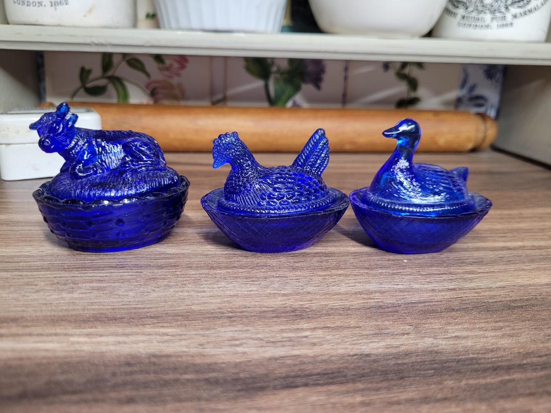 Trio of Petite Cobalt Blue Glass Farm Animals Salt Cellars, Nesting Hen ...