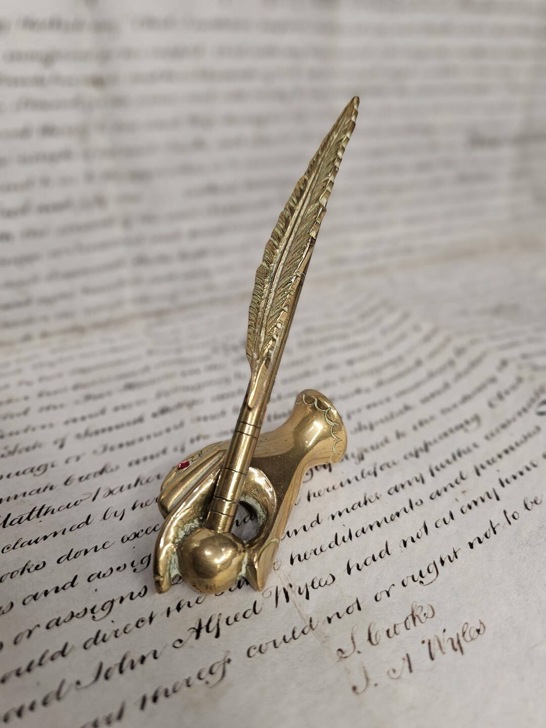 Art Deco Brass Hand Pen Holder and Quill - Vintage Paperweight, Brass ...