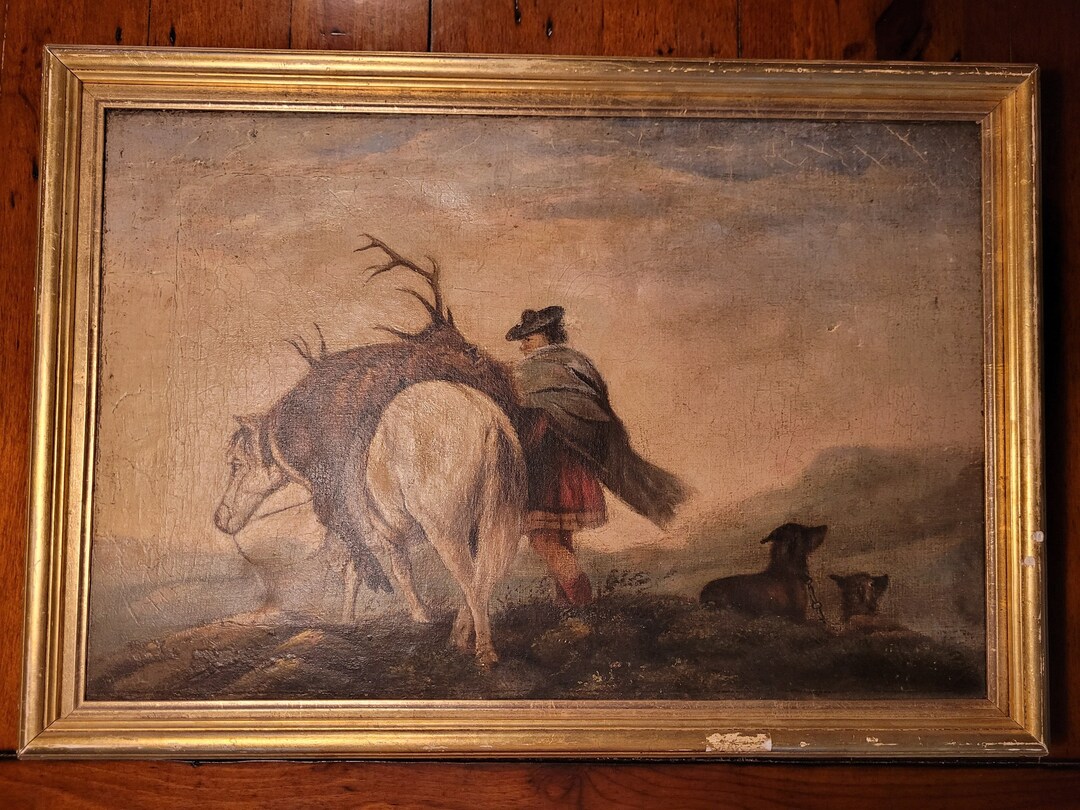 Antique Oil on Canvas 1800s, Huntsman Returning With Highland Stag ...