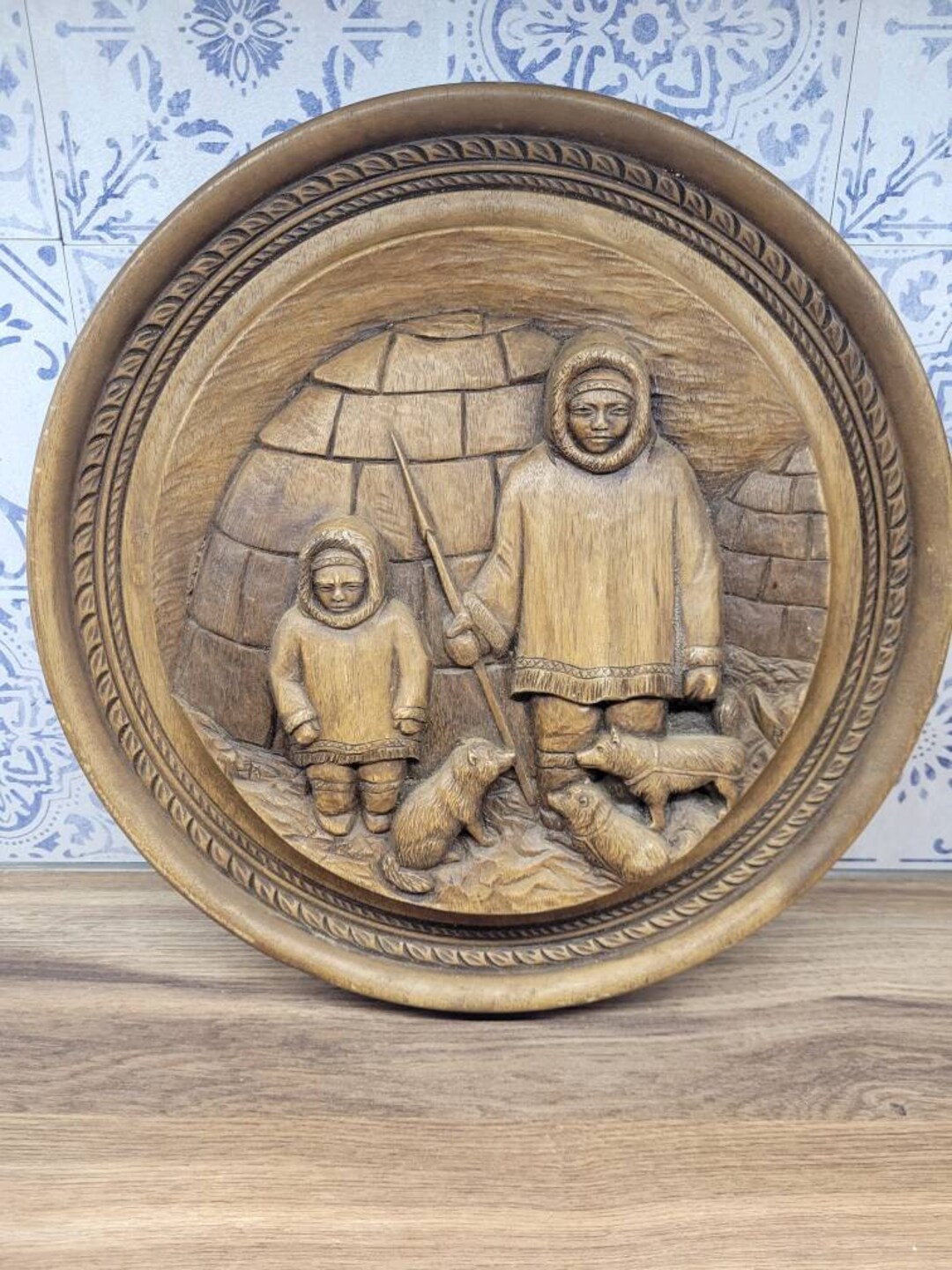 Inuit, Vintage KARL ROTHAMMER Round Plaque, Inuit Life, Wood Carving ...