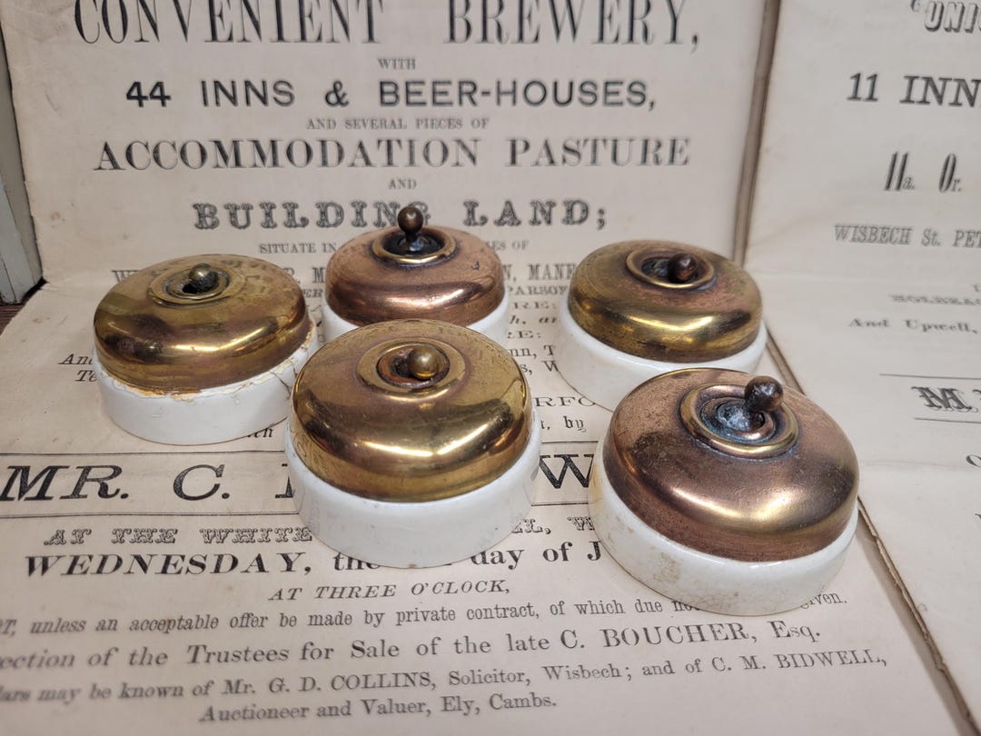 5 X French Antique Brass / Porcelain Light Switches, Antique Reclaimed ...