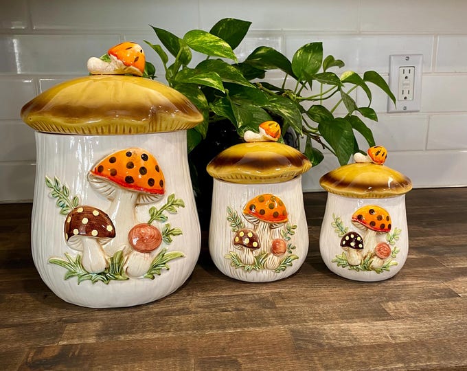Merry Mushroom Canister Set Sears and Robucks. 3 Canisters With Lids ...
