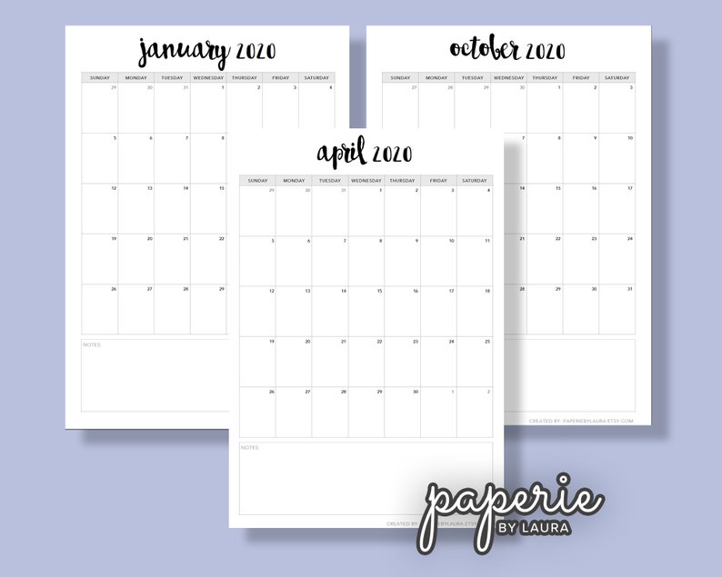2020 Vertical Monthly Calendar Printable Pack Digital Planner A4 and ...