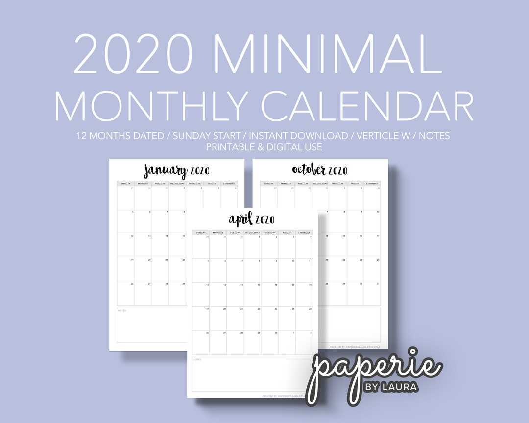 2020 Vertical Monthly Calendar Printable Pack Digital Planner A4 and ...