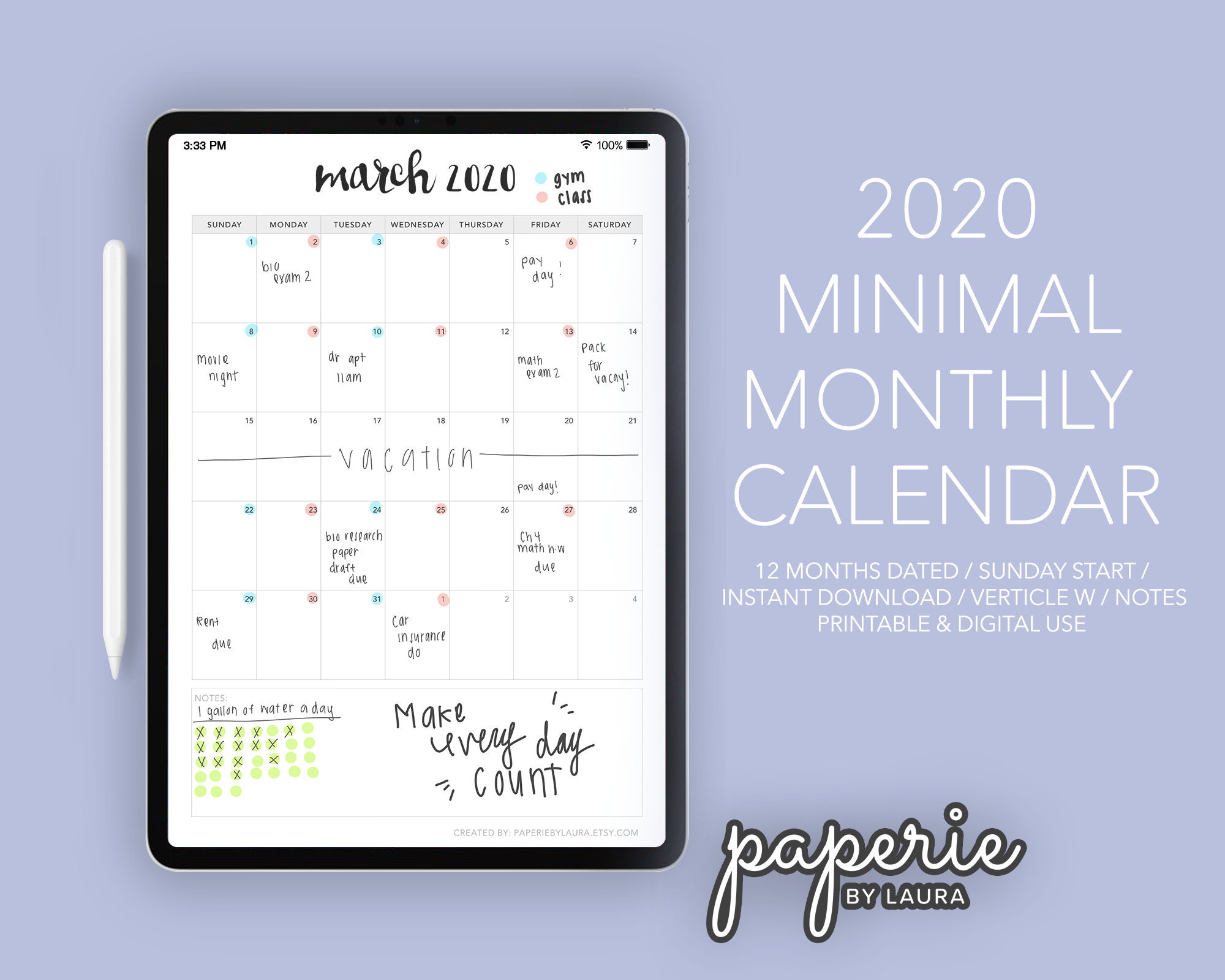 2020 Vertical Monthly Calendar Printable Pack Digital Planner A4 and ...