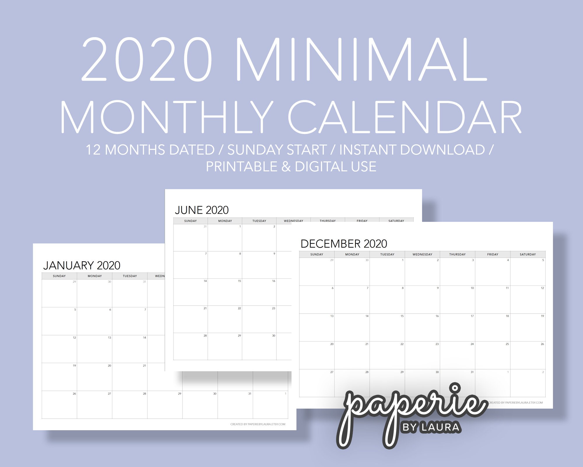 2020 Minimal Monthly Calendar Printable Pack Digital Planner A4 and ...