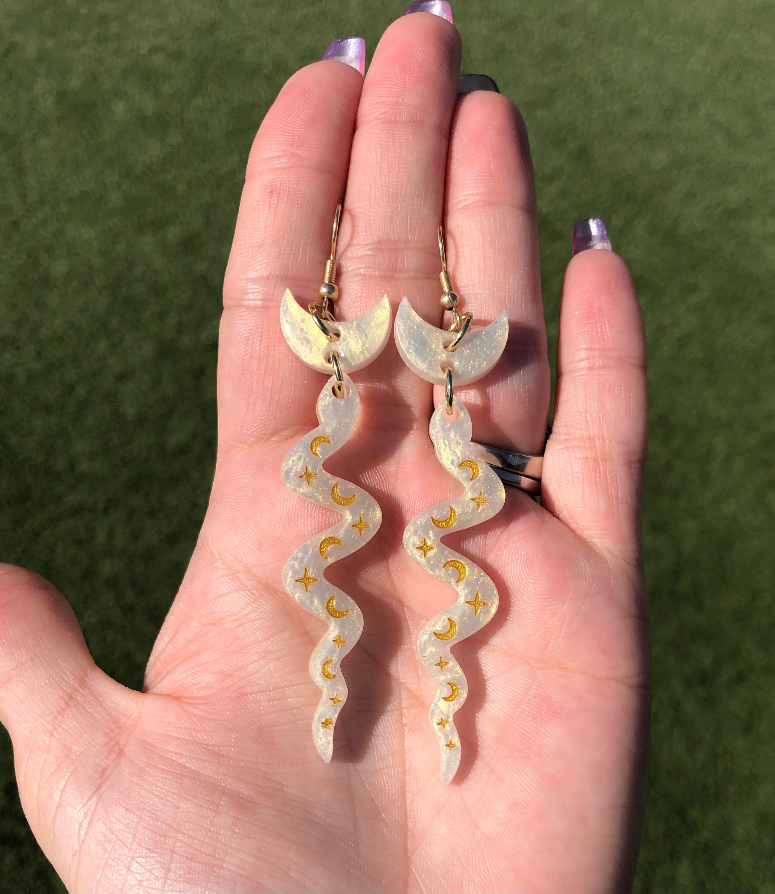 Glitter Snake Earrings, Moon and Snake Earrings, Snake Earrings, Snake ...