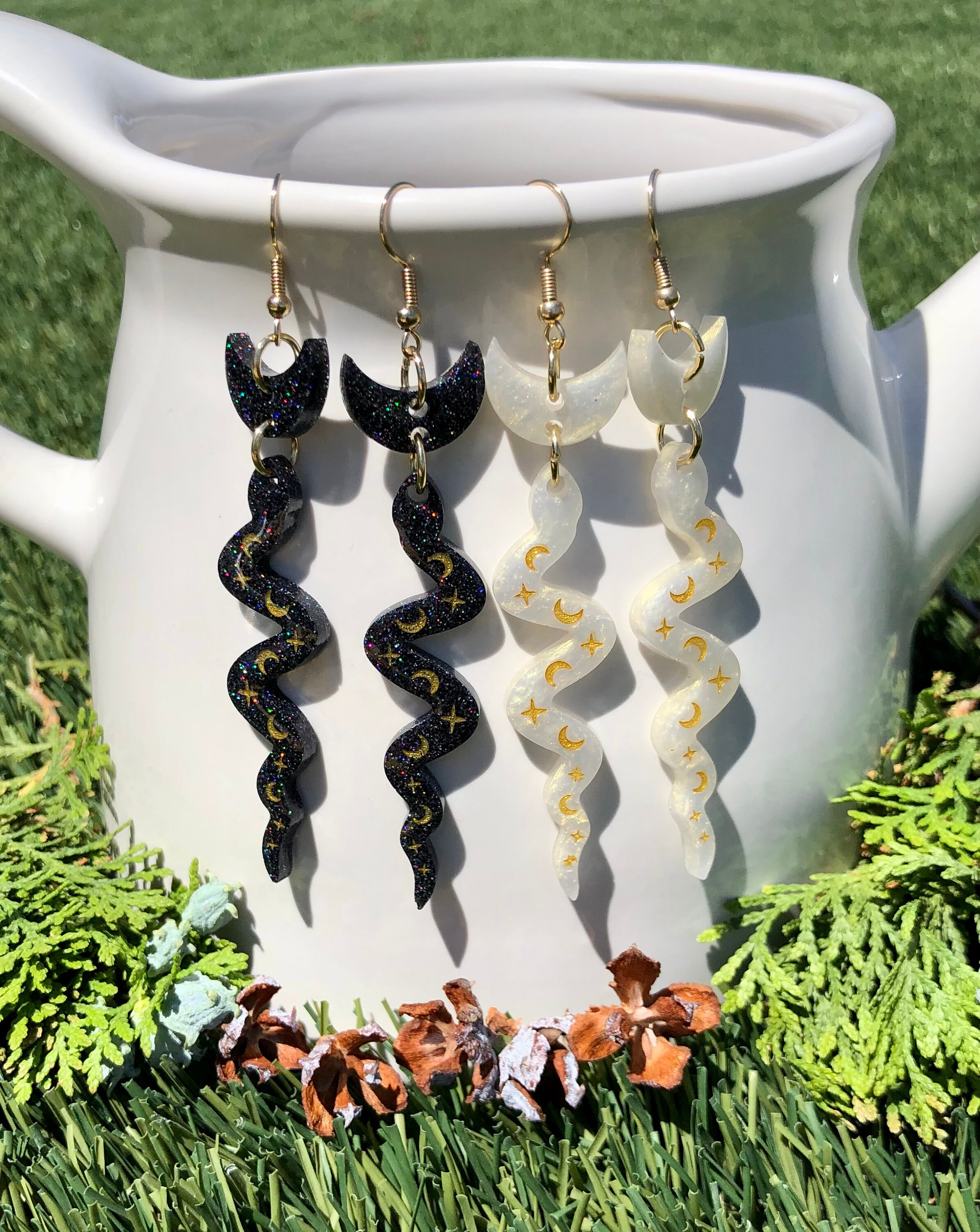 Glitter Snake Earrings, Moon and Snake Earrings, Snake Earrings, Snake ...