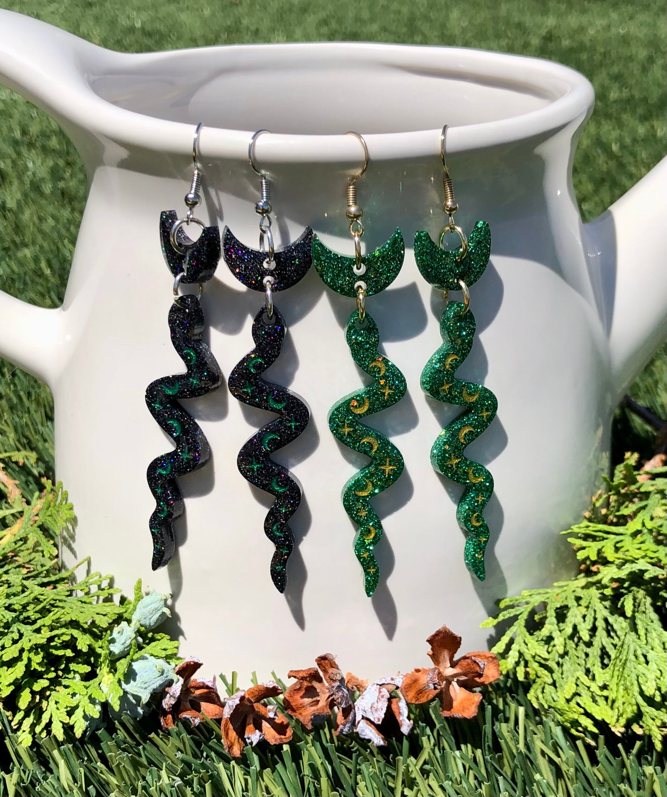 Glitter Snake Earrings, Moon and Snake Earrings, Snake Earrings, Snake ...