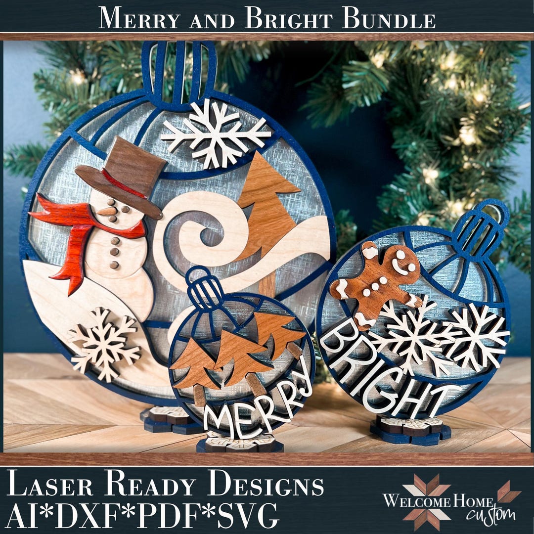 Merry and Bright Ornament Winter Décor 3 Pc Set - DFX PDF SVG - Digital ...