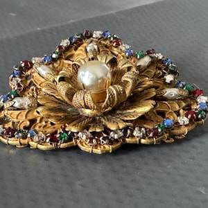 Miriam Haskell Brooch With Baroque Faux Pearls and Colored Rhinestones ...