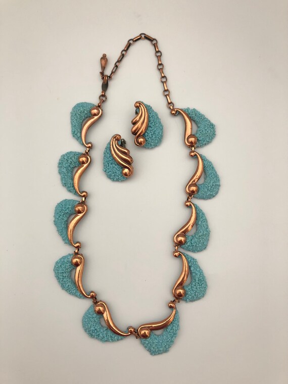 Matisse Renoir Turquoise Colored Stones and Wavy Copper Necklace and Clip Earring Vintage Mid Century Demi Parure Etsy