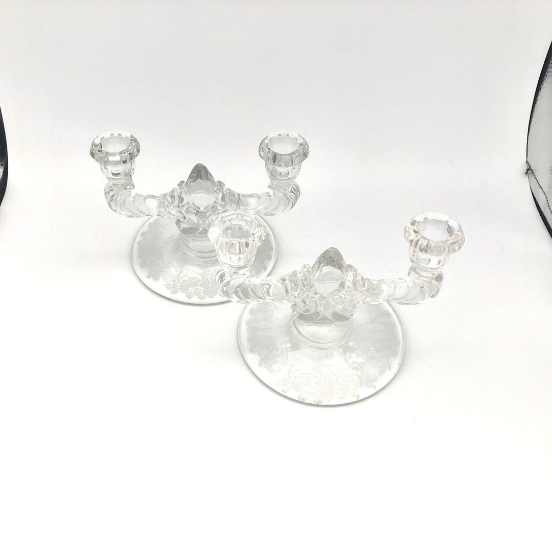 Pair of Elegant Tear Drop Double Crystal Candlestick Holders Etched ...
