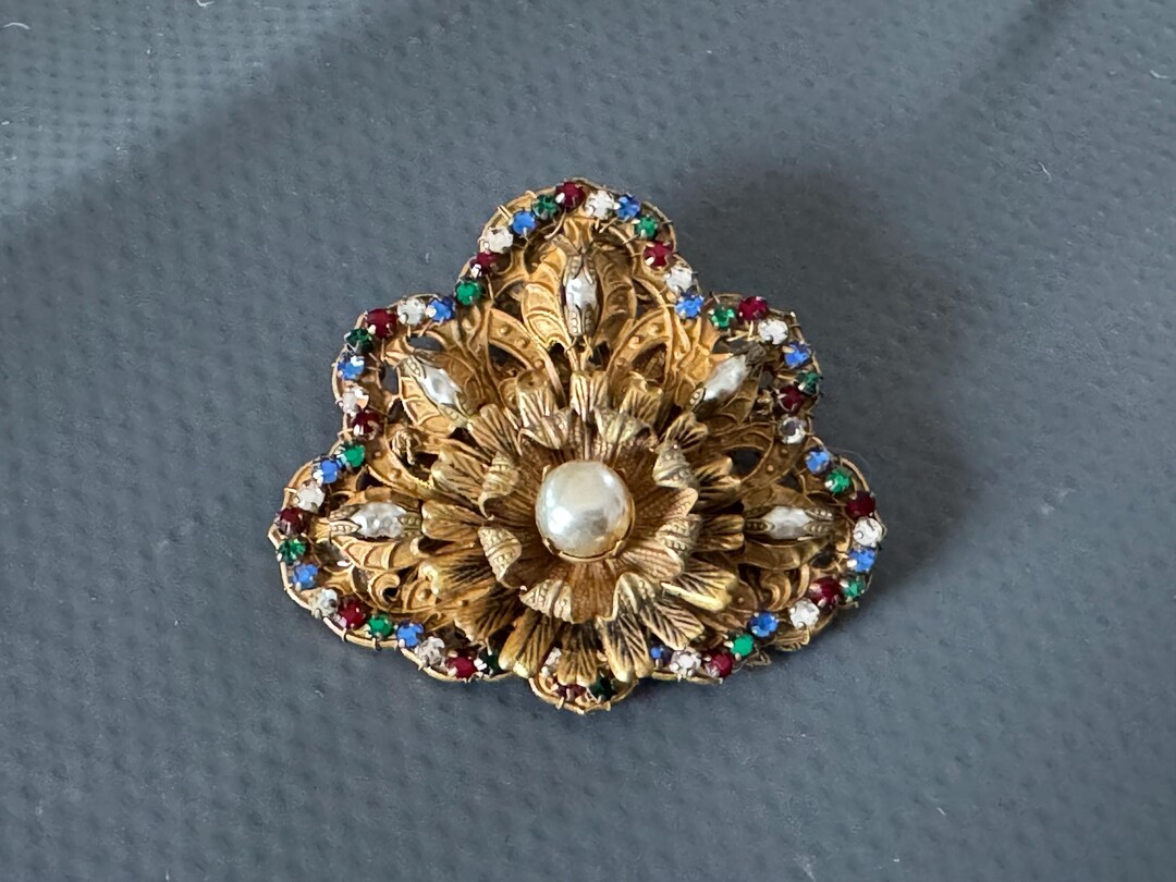 Miriam Haskell Brooch With Baroque Faux Pearls and Colored Rhinestones ...