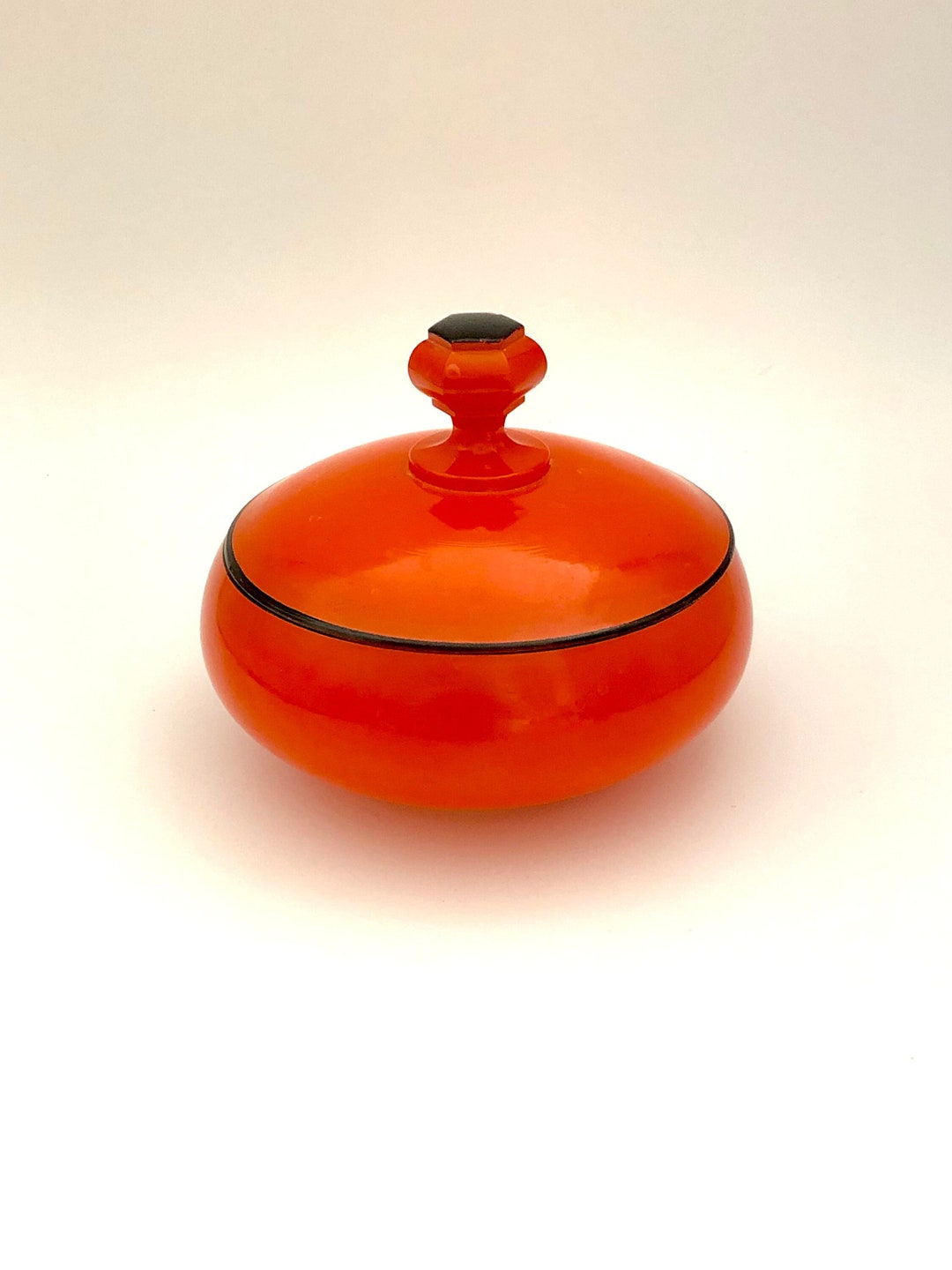 Snazzy Orange And Black Covered Glass Candy Or Nut Dish Mad Men Art Deco Style Mid Century Era