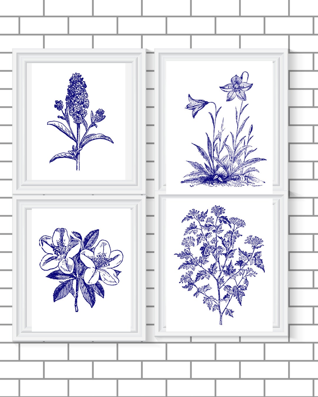 Instant Digital Download Seven Blue Ink Flowers Botany Minimalist ...