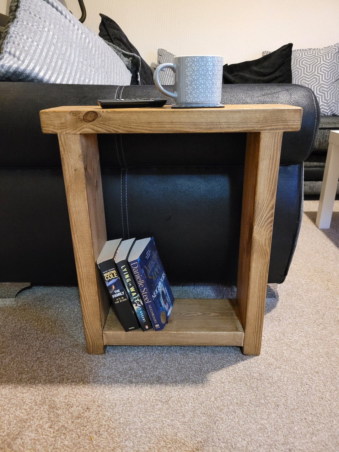 22cm Slim Solid Wood Rustic Side Table With Bottom Shelf, Handmade ...