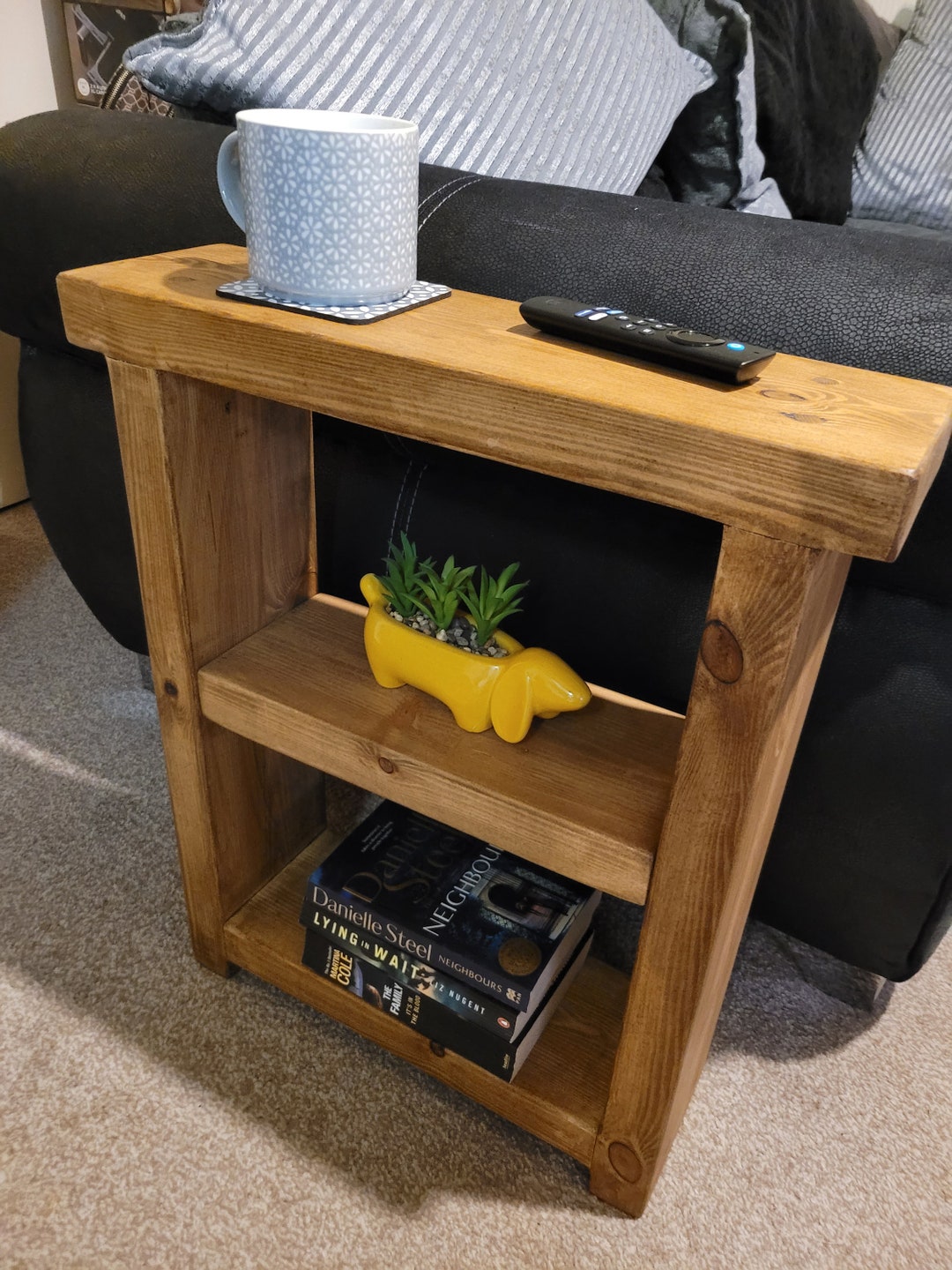 14.5cm Slim Solid Wood Rustic Side Table With Two Shelves, Handmade ...